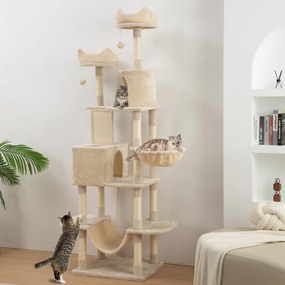 PawHut Velký Škrabací Strom pro Kočky Výška 206 cm S Platinami, Jeskyněmi, Visícími Míčky a Houpacími Sítí Bežová
