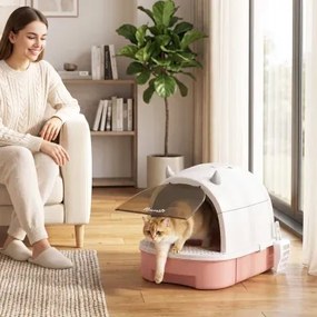 PawHut uzavřená kočičí toaleta s vysunovací zásuvkou, lopatkou a aktivním uhlíkovým filtrem, růžová