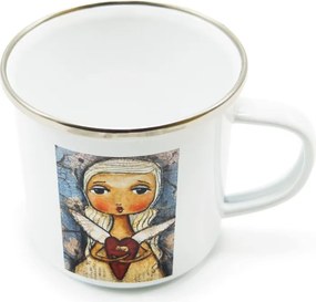 Smaltovaný hrnek Anděl lásky, 330 ml – autorská ilustrace anděla se srdcem, dárek s příběhem