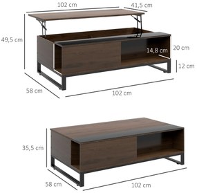 HOMCOM konferenční stolek odkládací stolek se zvedací funkcí 102x58x35,5cm moderní rozkládací stolek s úložným prostorem z oceli v barvě ořech černá |
