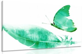 Obraz pírko s motýlem v zeleném provedení - 120x80 cm
