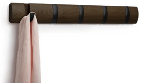 Umbra, Dřevěný věšák na zeď Flip 5 s kovovými háčky | tmavě hnědý