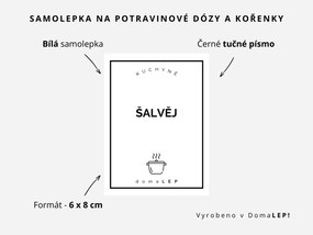 ŠALVĚJ - omyvatelná samolepka na kořenky, výběr rozměrů Ø 5 cm / 5 x 5 cm / 6 x 8 cm | DomaLEP tvar: OBDÉLNÍK, barva: BÍLÁ - ČERNÉ písmo, velikost: š. 6 cm x v. 8 cm - tučné písmo