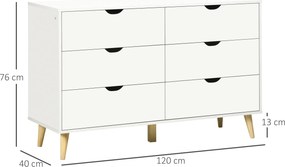 HOMCOM zásuvkový komoda s 6 zásuvkami pro kuchyň, ložnici, obývací pokoj, studium - moderní styl, systém proti převrhnutí 120x40x76 cm bílá