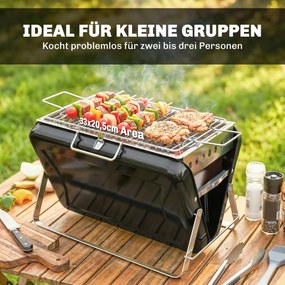 Gril na dřevěné uhlí z nerezové oceli BBQ udírna s grilovacím roštem rukojeť skládací nohy pro grilování kempování 40x28x25,5cm černá