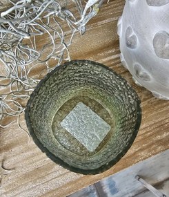Šedo-zelený skleněný svícen Goulden s vroubkováním a bublinkami S - 8*8*9 cm