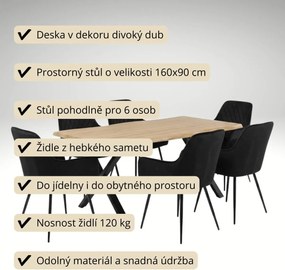 Vikio Jídelní set pro 6 osob 160x90 cm soft dub noha X černá židle s područkami VJS226-6C
