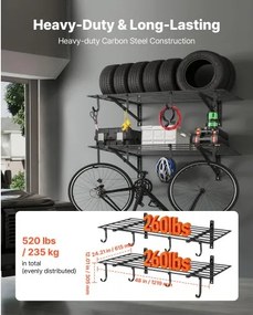 Dvoupatrový vysoce odolný nástěnný regál do garáže, 61 × 122 cm ocelový nástěnný regál s háčky VEVOR