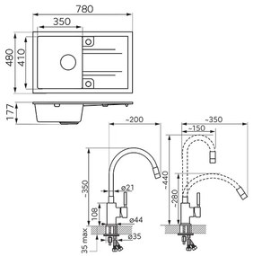 Ferro Dřezy - sada granitový dřez + flexi baterie Ferro Zumba BZA4B, 1-komorový 780x480 mm, šedá, DRGM48/78GA-SET1-PL