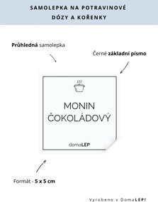 Samolepka na láhev MONIN ČOKOLÁDOVÝ 5 x 5 cm – průhledná vinylová, voděodolná, omyvatelná samolepka na dózy, základní písmo