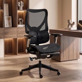 HOMCOM ergonomická síťovaná kancelářská židle s bederní opěrkou a podnožkou, černá