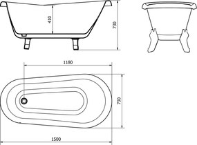 Mexen Retro, volně stojící vana 150 x 73 cm, bílá, černé nohy, 53251507300-70