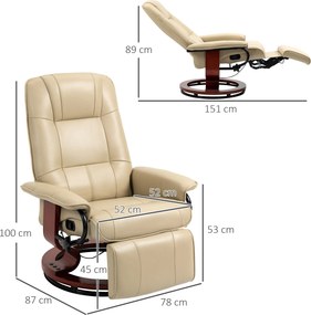 HOMCOM polohovací křeslo TV křeslo s funkcí polohování, podnožka, otočné TV křeslo 360°, dřevěné nohy, do obývacího pokoje, imitace kůže, krémově bíl…