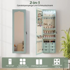 Costway Šperkovnice s LED Uzamykatelná nástěnná/dveřní šperkovnice se zrcadlem