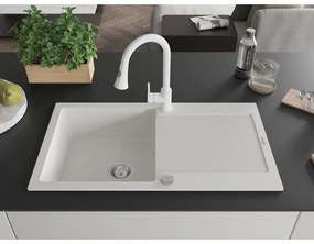 Mexen Leo, 1-komorový granitový dřez 900x500x190 mm a dřezová baterie Elia, bílá, 6501-20-670101-20