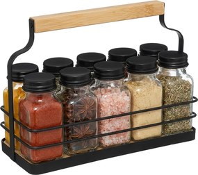 5Five® Stojan s 10 hranatými kořenkami, černé víčka, kov, dřevo 22 x 9 x 16 cm
