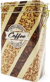 Plechová dóza Freshly roasted, 500 g – hnědá, lesklý povrch, s patentním uzávěrem, s kávovým motivem, na kávu a bylinky