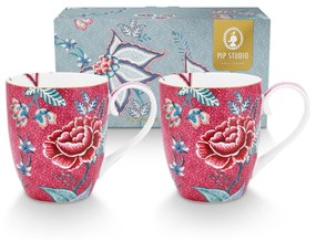 Pip Studio Flower Festival sada 2 hrnků 450ml, tmavě růžová (Kvalitní tenkostěnný porcelán v dárkovém papírovém boxu)