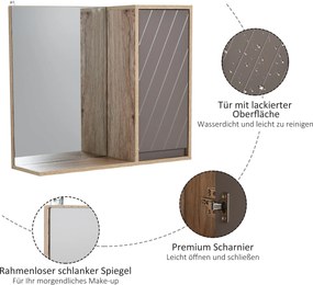 HOMCOM Koupelnová skříňka se zrcadlem, nástěnný pomocný nábytek s 1 dveřmi a nastavitelnou policí, moderní styl 57x14,2x49,2 cm, dubová a šedá
