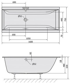 Polysan CLEO SLIM obdélníková vana 160x75x48 cm, bílá, 93611S
