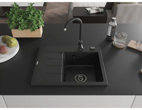 Mexen Ben, 1-komorový granitový dřez 600x500x190 mm, pravý + černý sifon, černá, 6523605000-77-B