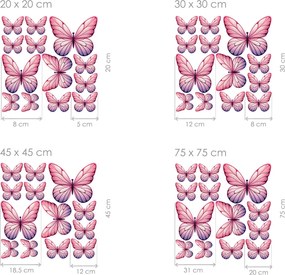 Motýli světle růžoví 13 ks textilní přelepitelné samolepky na zeď arch 30 x 30 cm