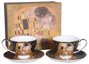 HOME ELEMENTS Porcelánový šálek s podšálkem 2 x 250 ml, Klimt  Polibek tmavý