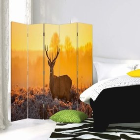 Ozdobný paraván Západ slunce s jelenem - 180x170 cm, pětidílný, obustranný paraván 360°