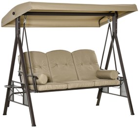 Třímístná zahradní houpačka Outsunny Hollywood s polštáři se sluneční stříškou kov polyester khaki 116 x 206 x 183 cm | Aosom
