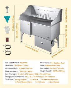 Mycí stanice pro psy 304 z nerezové oceli VEVOR – 1550 × 790 × 1470 mm