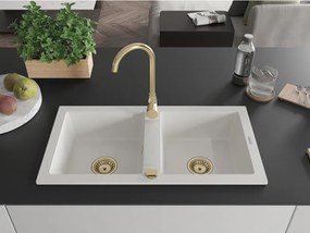 Mexen Mario, granitový dřez 820x436x161 mm, 2-komorový, bílá se zlatým sifonem, 6504822000-20-G