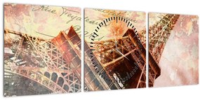 Obraz - Eiffelova věž ve vintage stylu (s hodinami) (90x30 cm)