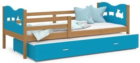 Dětská postel MAX P2 90x200cm s borovicovou konstrukcí v modré barvě s motivem vláčku