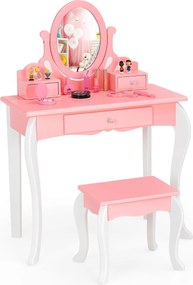 Costway Dětský toaletní stolek se stoličkou Princess se 3 zásuvkami a zrcadlově