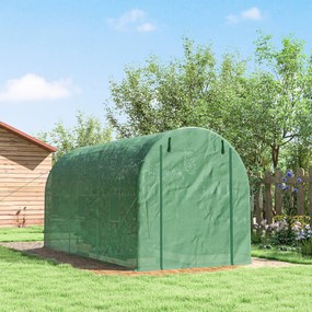Fóliový skleník na rajčata Outsunny 395x195x190cm s 6 okny ze sítě, kulatý obloukový skleník pro pěstování rostlin a chladicí rám | Aosom.de