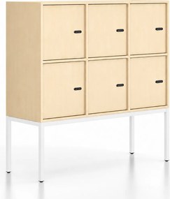 Kancelářská skříň FRAME, nízká, bílá podnož, 6x dveře, 1299 x 450 x 1331 mm, mechanický kódový zámek, bříza