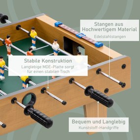 HOMCOM Stolní fotbálek pro děti od 6 let, dřevěná fotbalová hra se 2 míči, 6 úchyty, 2 ukazateli skóre a 18 hráči, 69x36,5x22 cm, přirozené