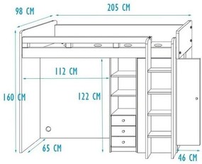 Patrová postel se skříňí, knihovnou a stolem UNITA, dub sonoma/bílá, PRAVÁ