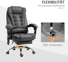 Kancelářská židle Vinsetto s masážní a vyhřívací funkcí, ergonomická, 6 masážních bodů, podnožka, dálkové ovládání, polyester, 65 x 160 x 104 cm, šedá