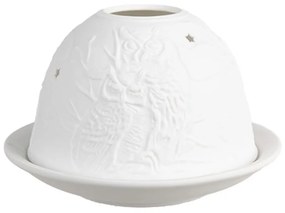 Bílý porcelánový svícen na čajovou svíčku se sovami ve větvích stromů – 12x8 cm