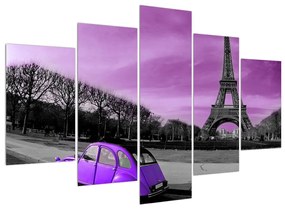 Obraz Eiffelovy věže a fialového auta (150x105 cm)