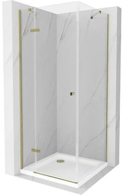Mexen Roma sprchový kout s otočnými dveřmi 90 x 90 cm, Průhledné, Zlatá + sprchová vanička Flat - 854-090-090-50-00-4010