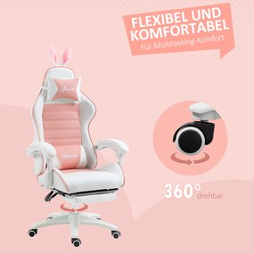Ergonomická herní židle Vinsetto s bederní podporou, podnožkou a ušima králíčka, polštářkem na hlavu, kancelářská židle s nastavitelnou opěrkou zad R…
