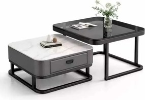 LuxuryForm DESIGN Konferenční stolek ARAGON 70 × 70 / 60 × 60 cm – šedý / bílý mramor + sklo (set 2 ks)