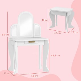 HOMCOM toaletní stolek pro děti se zrcadlem a stoličkou, dětský toaletní stolek pro holčičky od 3 do 6 let se zásuvkou, bílý