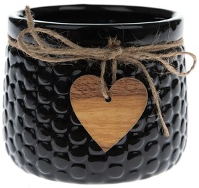 Keramický obal na květináč Wood heart černá, 9 x 12,5 cm