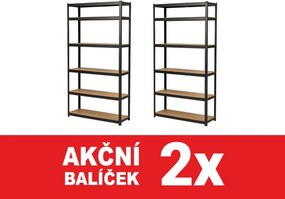 Akce 2x Regál 220x90x60 cm lakovaný 6-policový, nosnost 1050 kg - černý