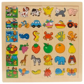 Drewmax 0082 - Dřevěné puzzle - Poznej, co kam patří - ovoce a zvířátka