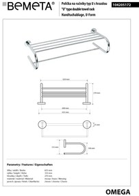 Bemeta Design OMEGA: Držák ručníků, 600 mm, s hrazdou -
