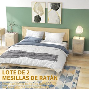 HOMCOM Set 2 nočních stolků s ratanovým šuplíkem a nastavitelnou policí do ložnice nebo obývacího pokoje 40x40x68,5 cm Dub